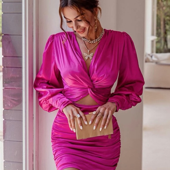 SHEIN | Dresses | Shein Glamker Ruched Satin Pink Dress | Poshmark